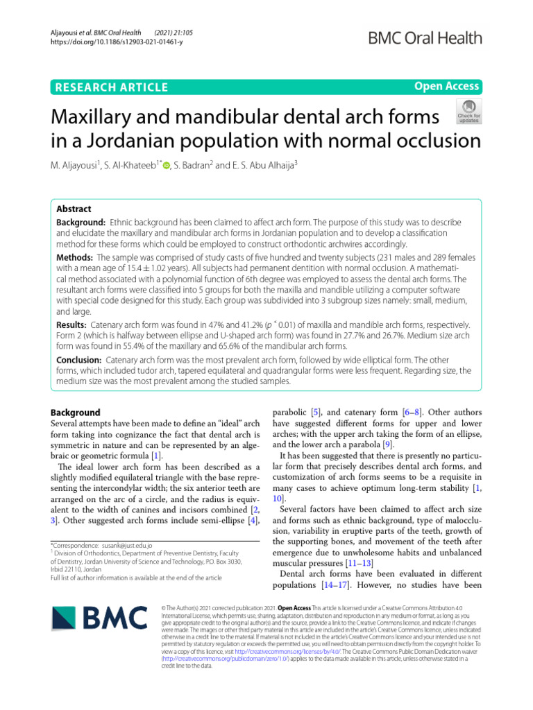 Maxillary and Mandibular Dental Arch Forms in A Jordanian Population ...