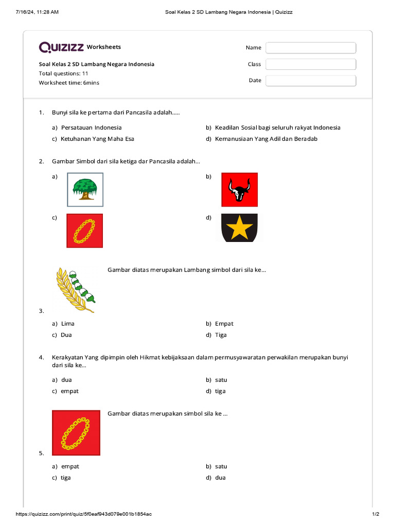 Soal Kelas 2 SD Lambang Negara Indonesia - Quizizz | PDF