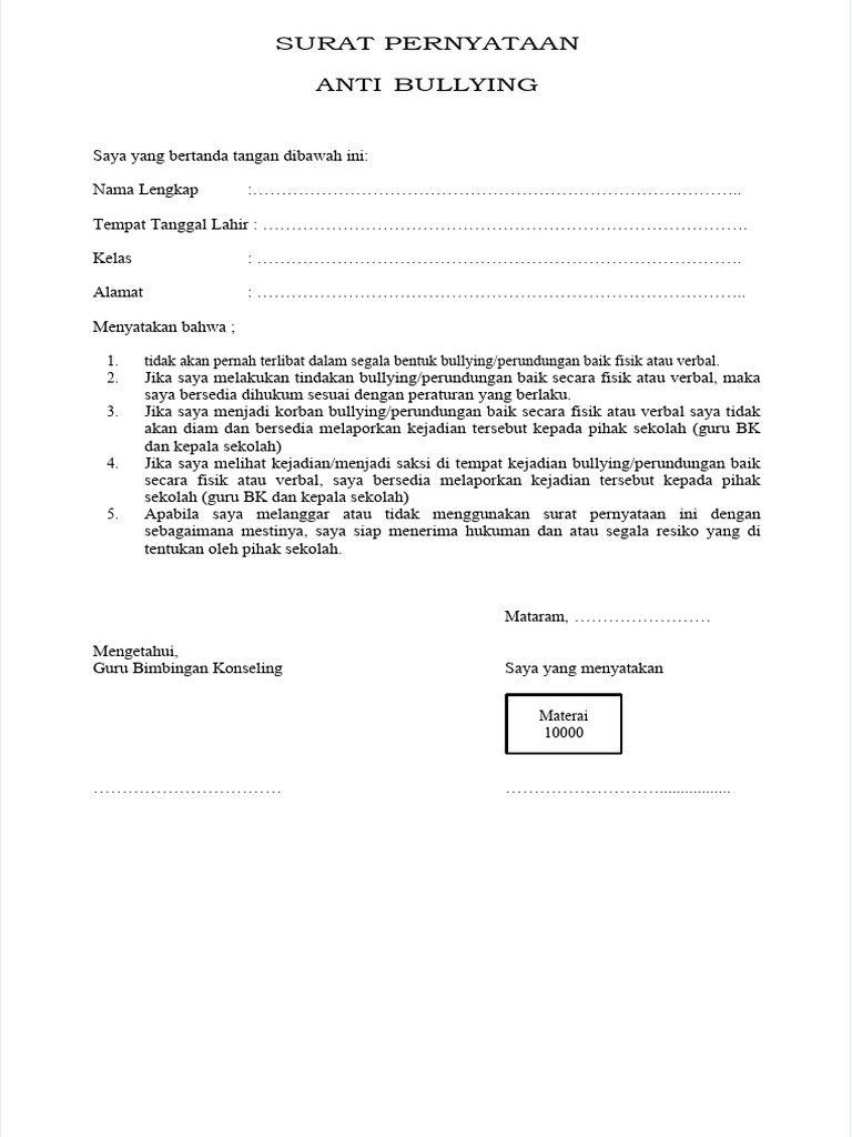 PDF Surat Pernyataan Antibullying | PDF | Pengembangan Diri