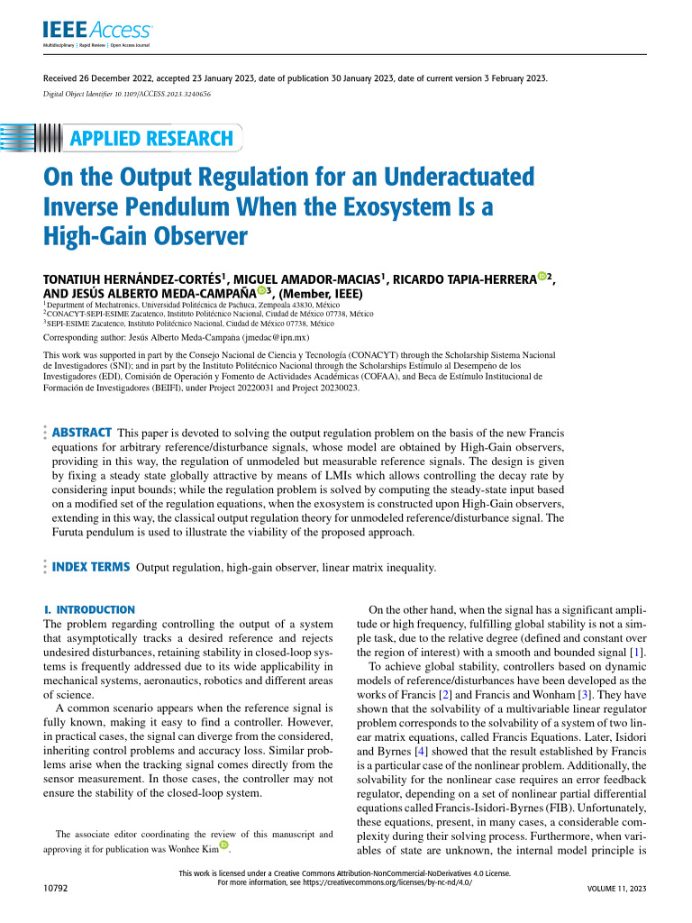On The Output Regulation For An Underactuated Inverse Pendulum When The