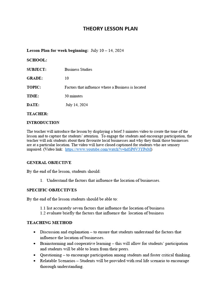 THEORY LESSON PLAN Factors That Impact Location of Business | PDF ...
