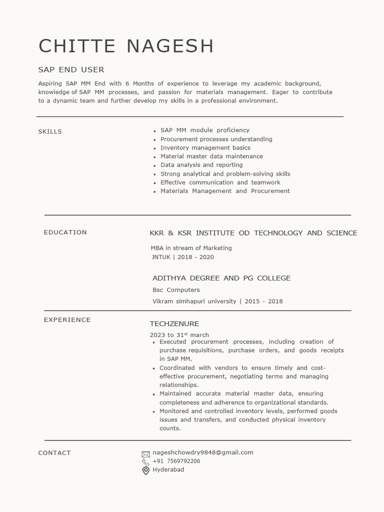 SAP MM End User Resume Overview | PDF