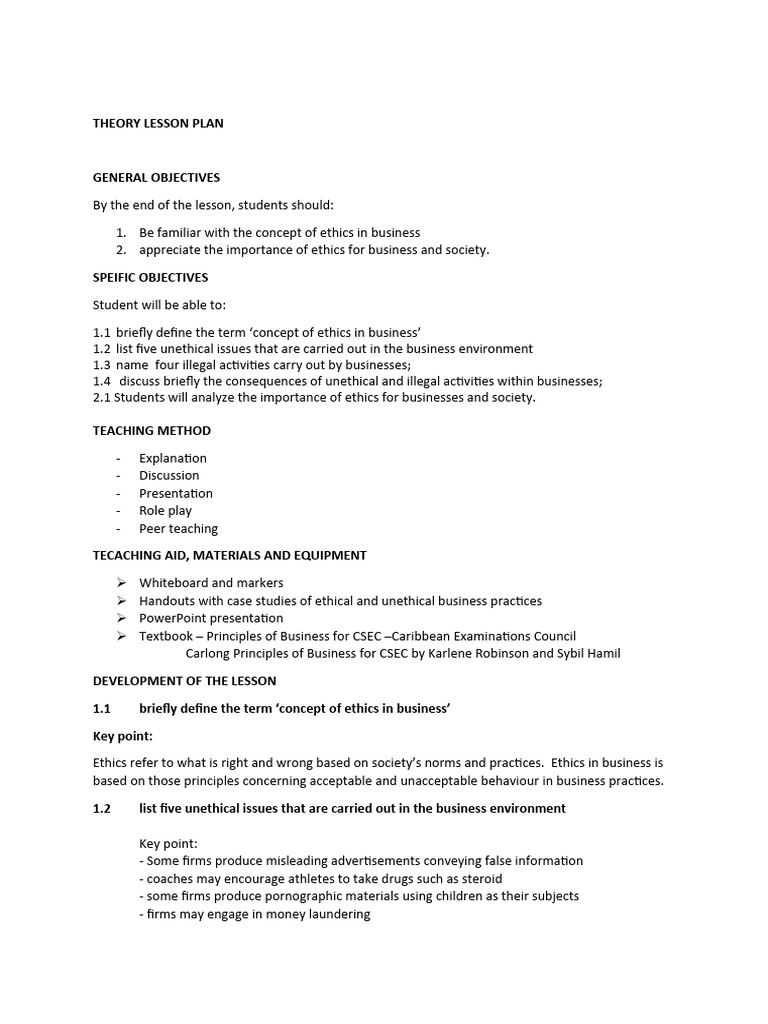 Theory Lesson Plan Businesss Ethics | PDF | Evaluation | Business Ethics
