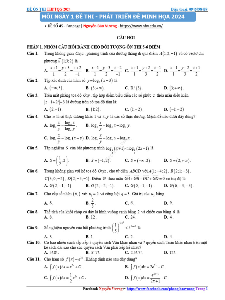 Đề Số 45 - Mỗi Ngày 1 Đề Thi 2024 - Phát Triển Đề Minh Họa 2024 | PDF