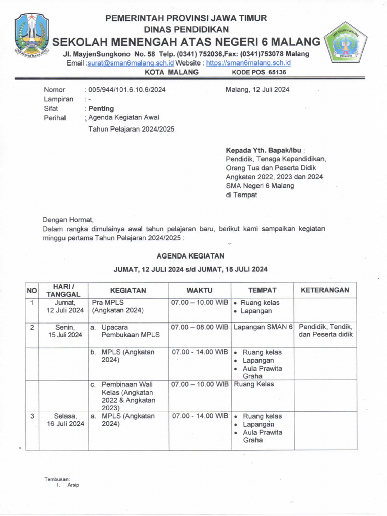 Surat Edaran Agenda Kegiatan Awal Tahun Pelajaran 2024-2025 | PDF