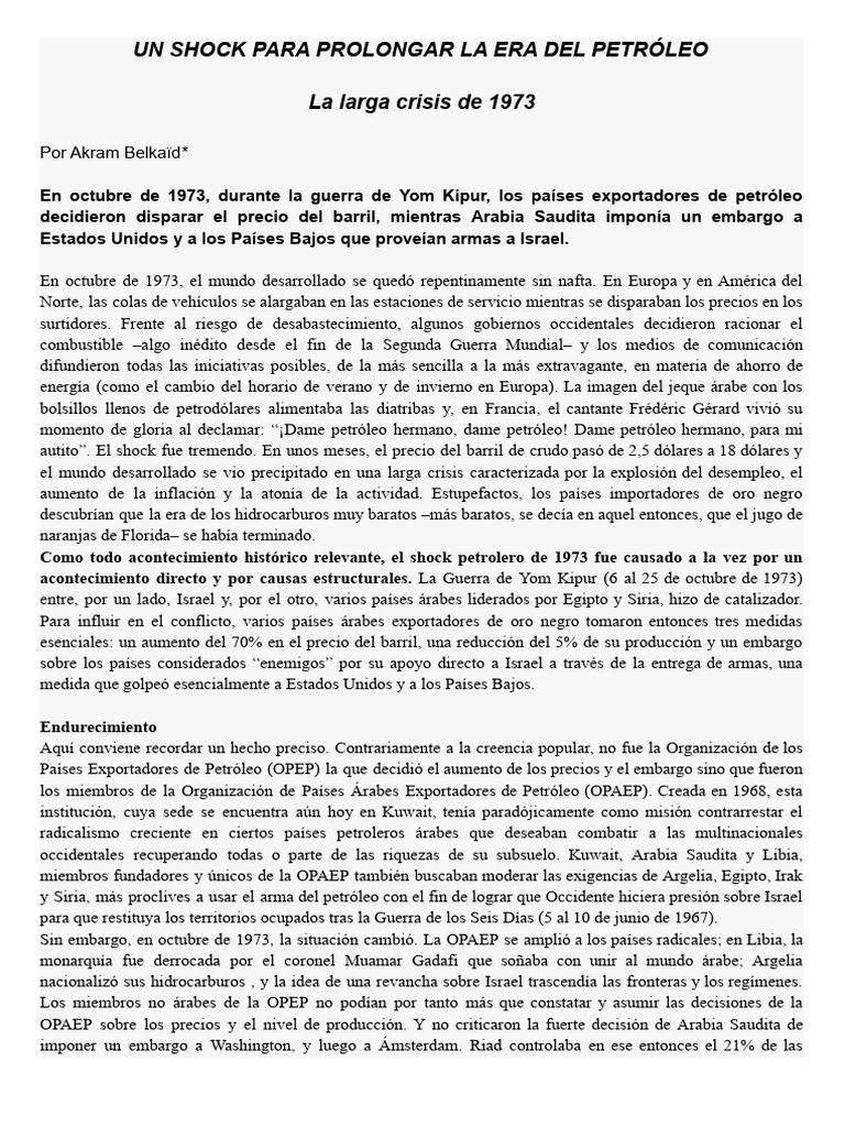 La crisis del petroleo de 1973 | Descargar gratis PDF | OPEP | Petróleo