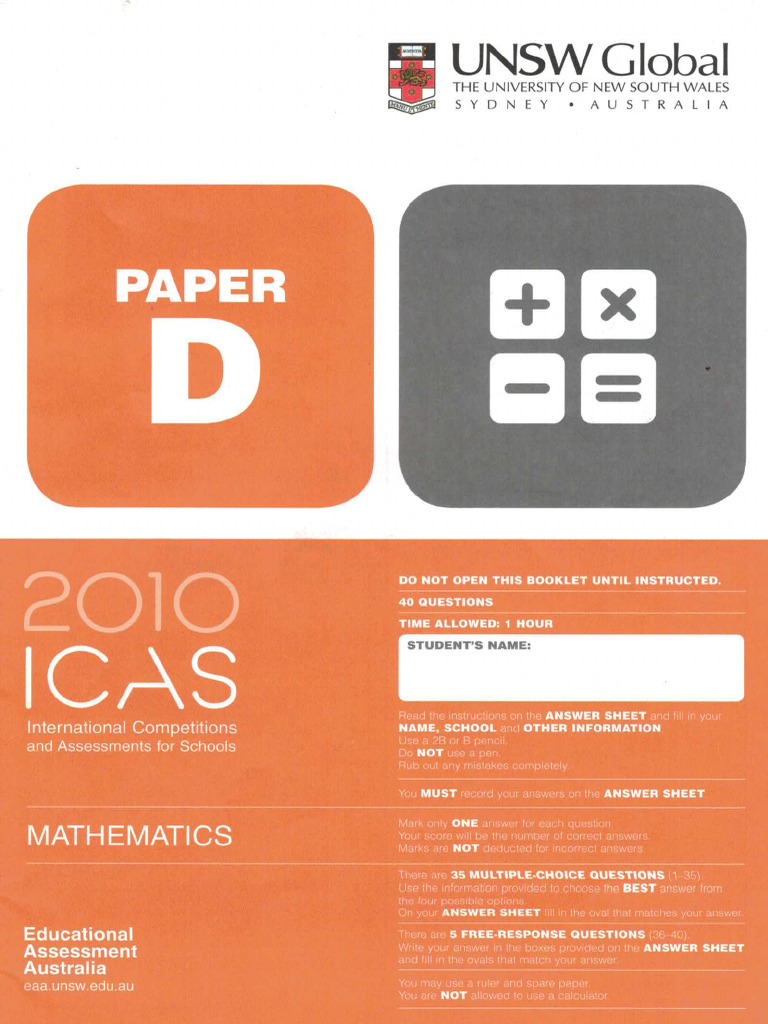 ICAS 2010 Maths Paper D Answers | PDF