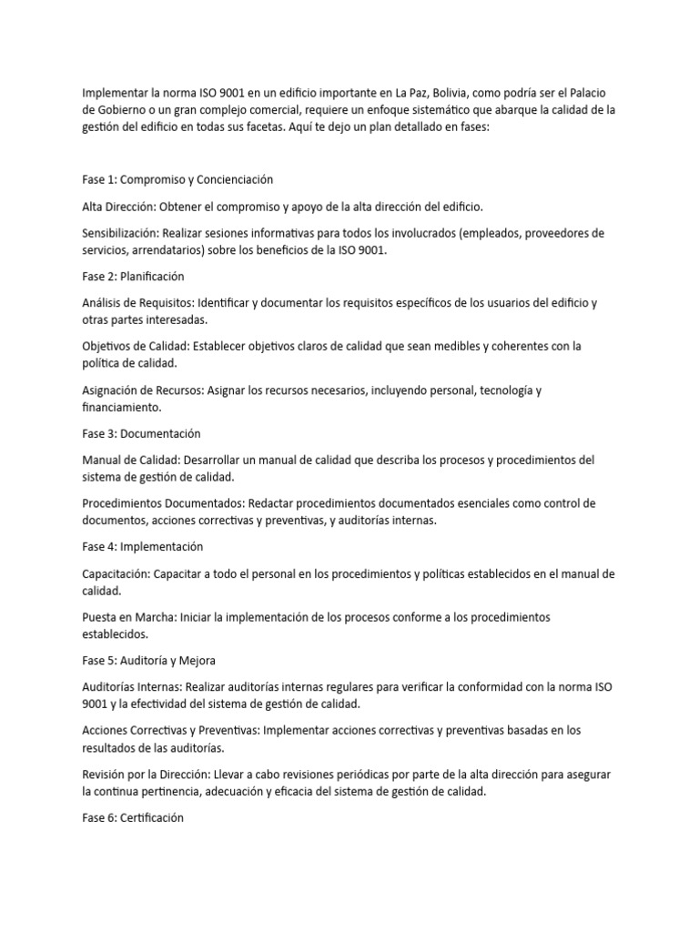 Implementar la norma ISO 9001 en un edificio importante en La Paz | PDF | Calidad (comercial ...
