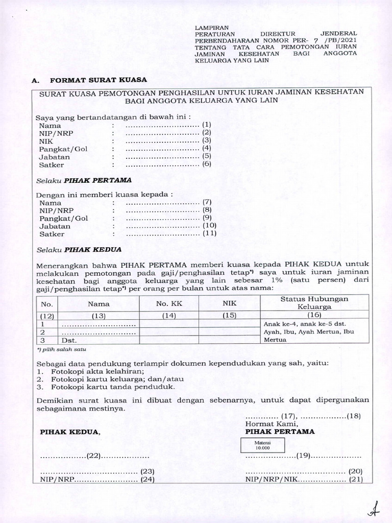 Per 7 PB 2021 Tata Cara Pemotongan Iuran Jamkes Keluarga Lain Surat Kuasa-1 | PDF