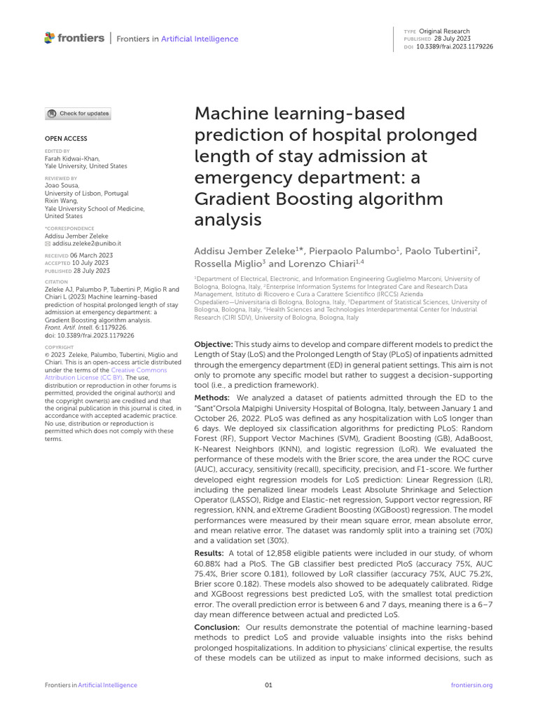 Machine Learning-Based Prediction of Hospital Prolonged Length of Stay Admission at Emergency ...