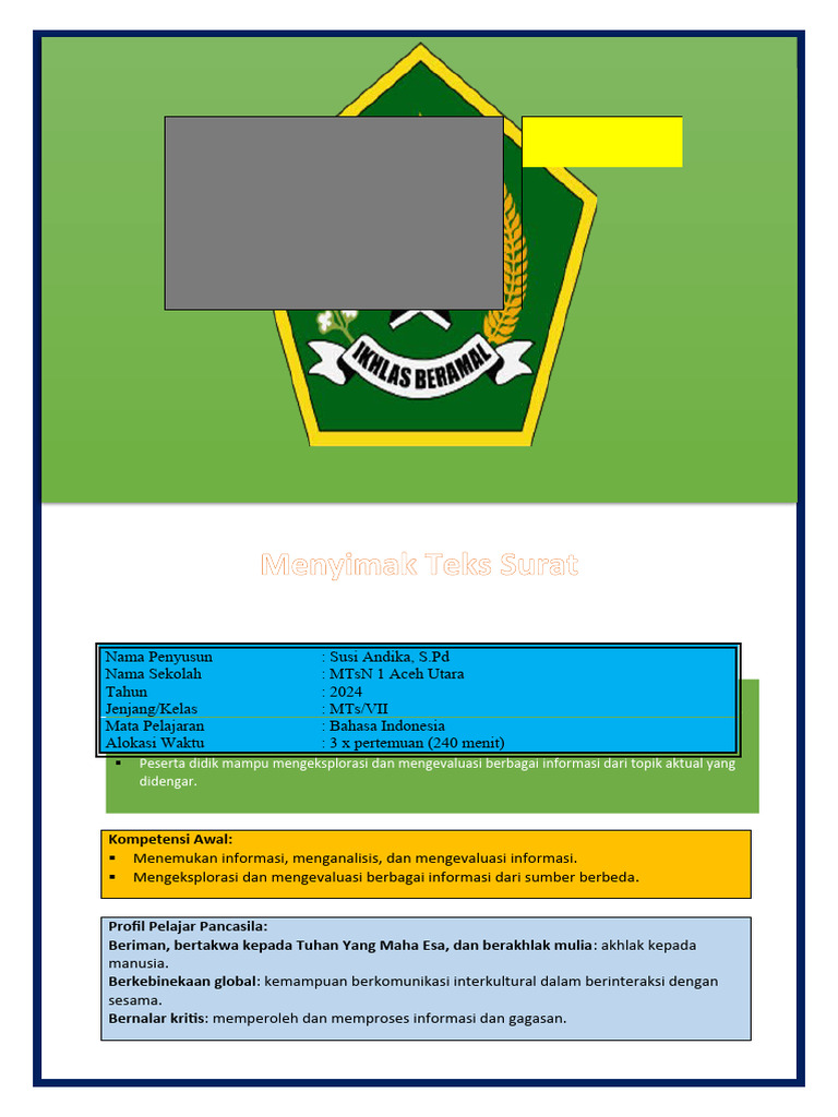 Modul Ajar BINDO Kls 7 Bab 7 Teks Surat | PDF | Karier & Perkembangan