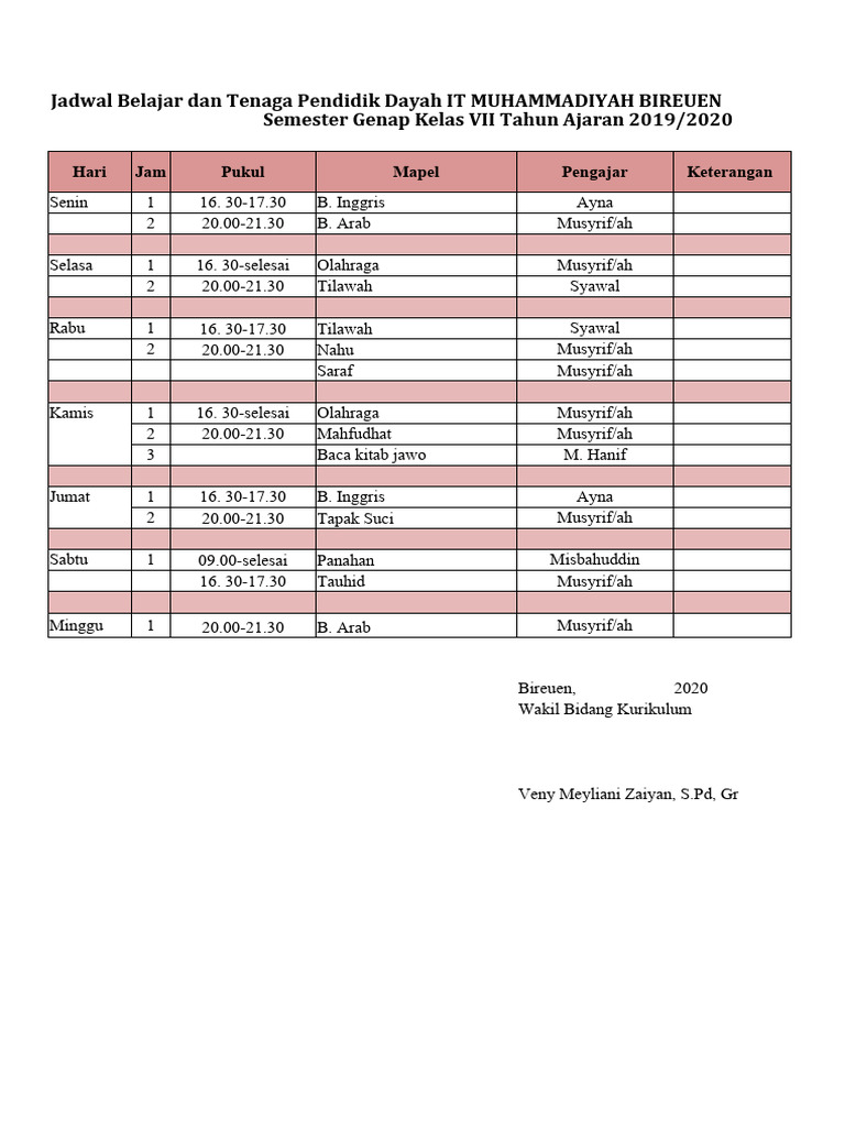 Jadwal Ngajar Semester Genap SMP IT Tahun 2019-2020 SMT I | PDF