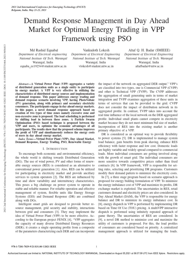 Demand Response Management in Day Ahead Market For Optimal Energy Trading in VPP Framework Using ...