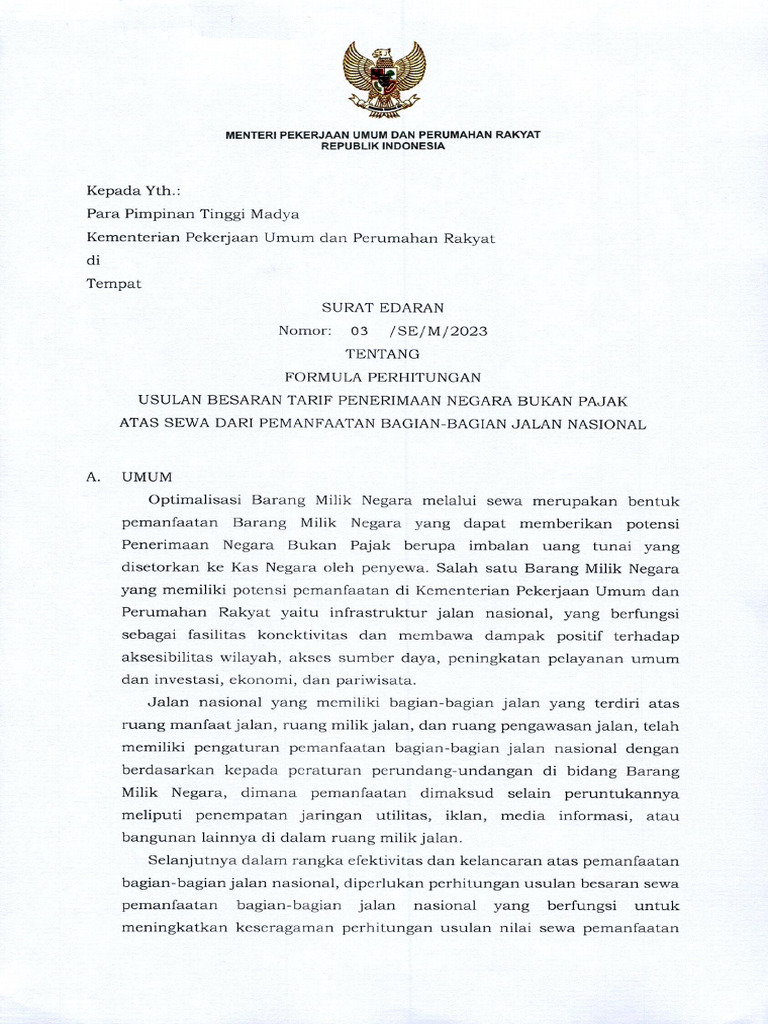 Se Pupr Nomor 03 Tahun 2023 TTG Formula Perhitungan Usulan Besaran Negara Bukan Pajak Atas Sewa ...