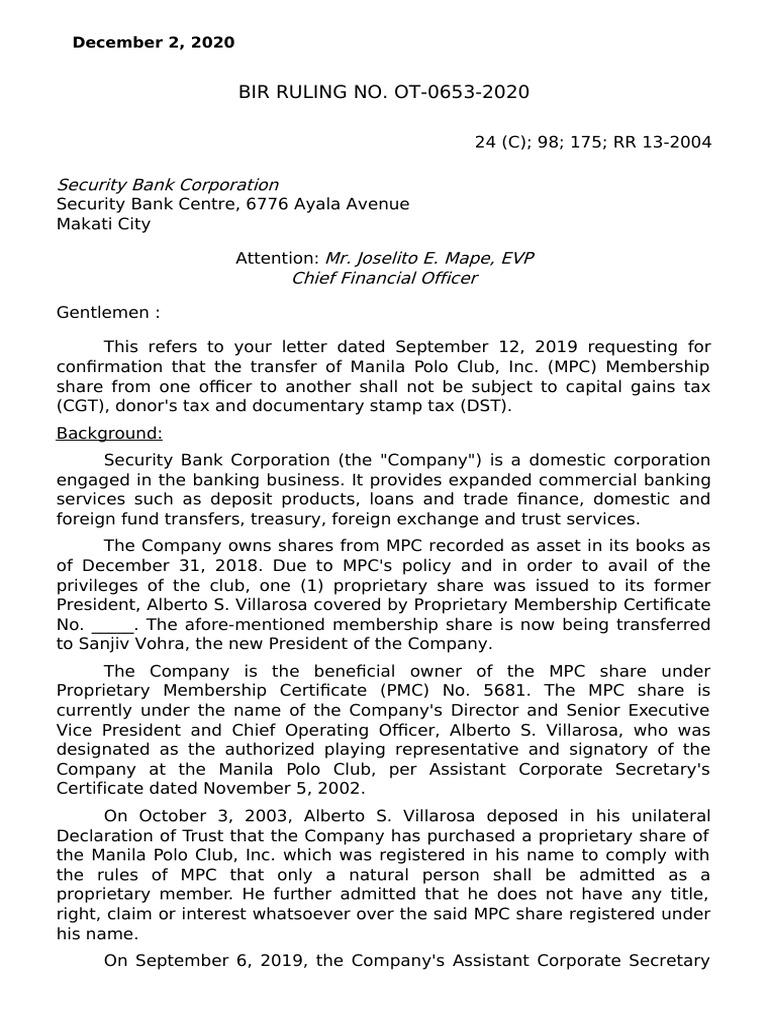 Bir Ruling No. Ot - 0653-2020 | PDF | Title (Property) | Fiduciary