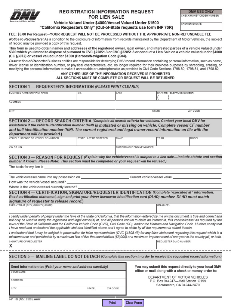 Registration Info Request For Liens Sale | PDF | Department Of Motor ...