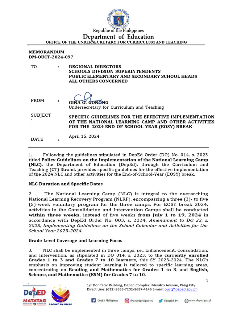 2024 National Learning Camp Guidelines | PDF | Teachers | Learning