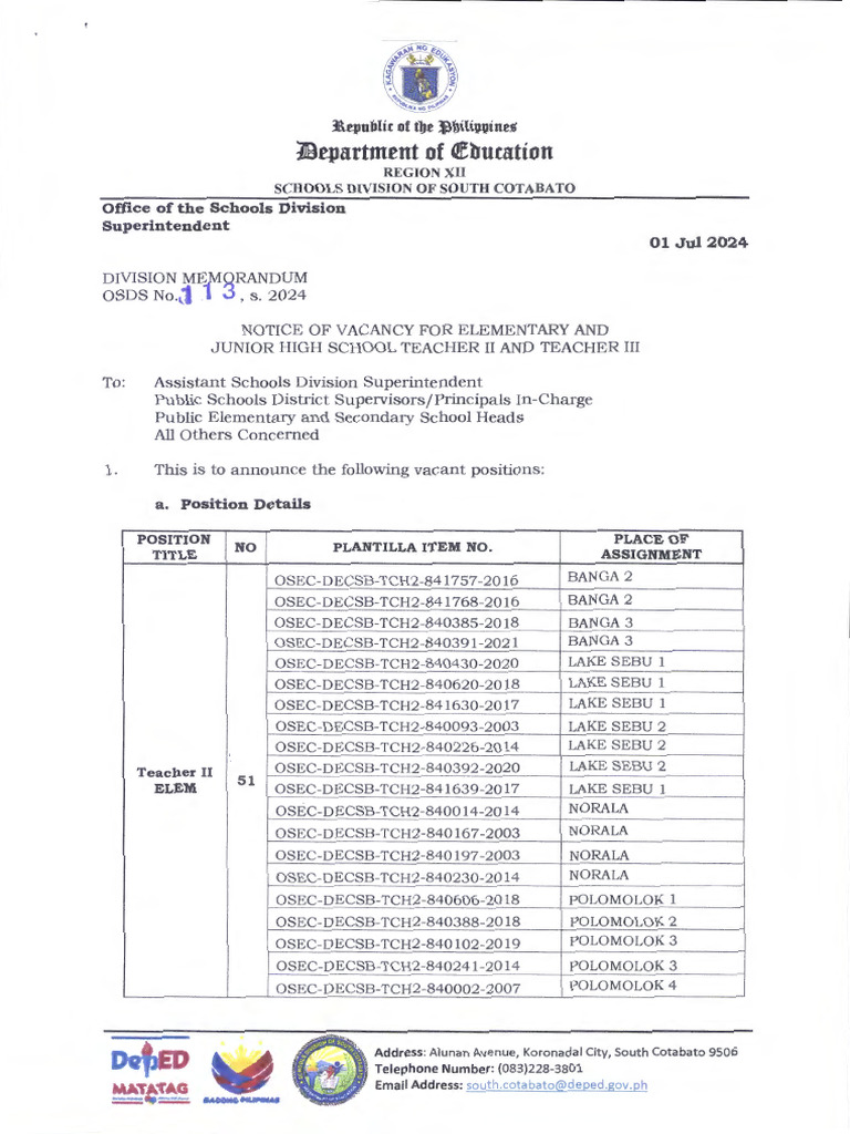 DM Osds No. 113 S. 2024 Notice of Vacancy For Elementary and Junior ...