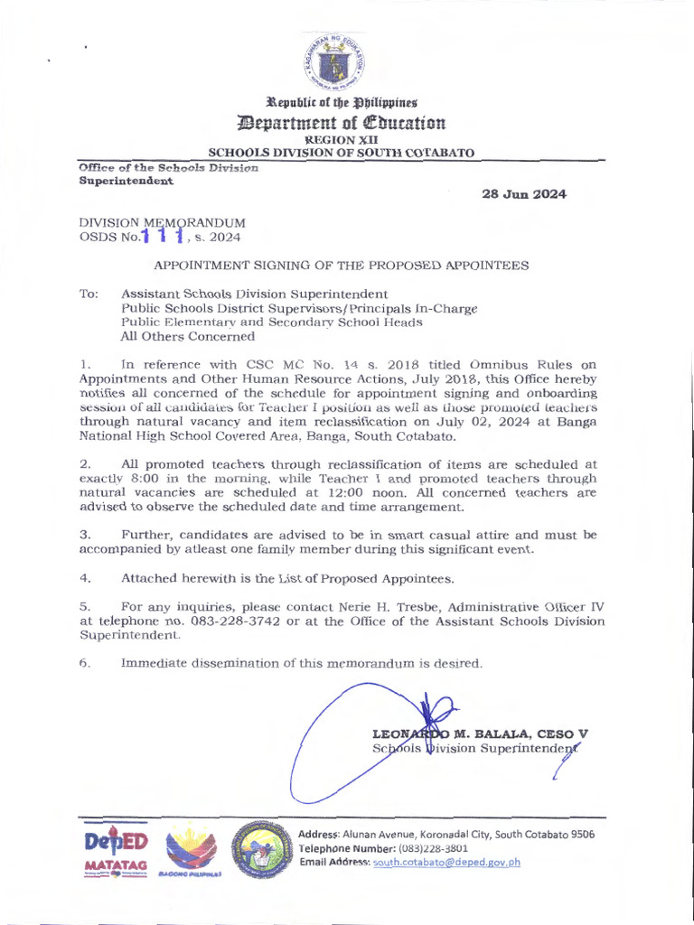 DM Osds No. 111 S. 2024 Appointment Signing of The Proposed Appointees | PDF