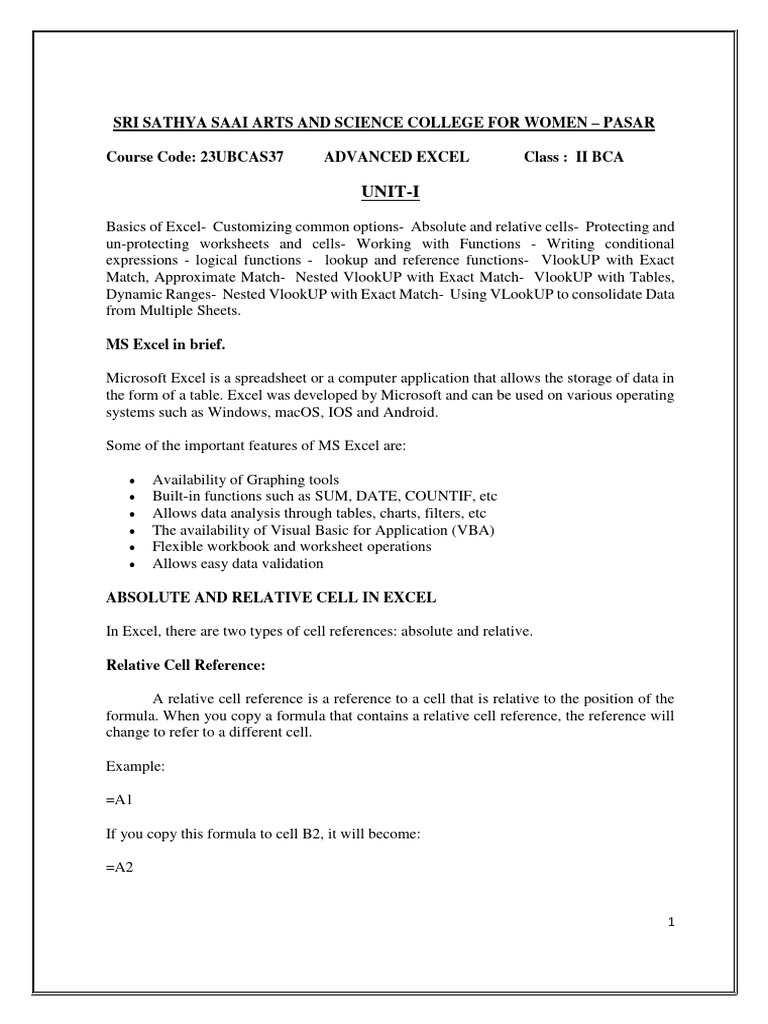advance excel - unit -I | PDF | Microsoft Excel | Computing