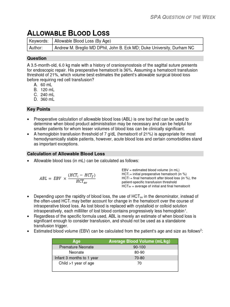 Week 176 Allowable Blood Loss REV | PDF | Blood Transfusion | Blood