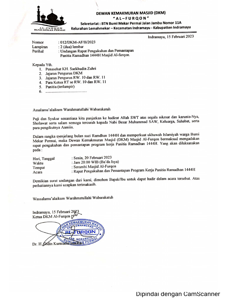 Undangan Penyusunan Program Kerja Panitia Ramadhan 1444 H | PDF