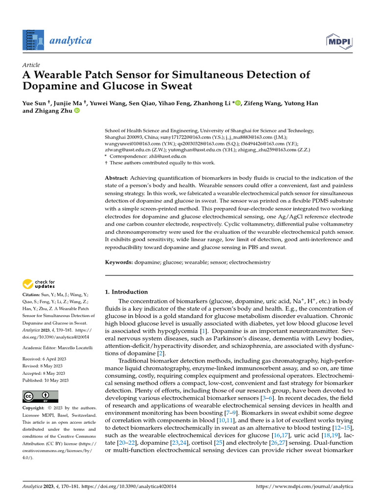 A Wearable Patch Sensor For Simultaneous Detection Of Dopamine And Glucose In Sweat Pdf