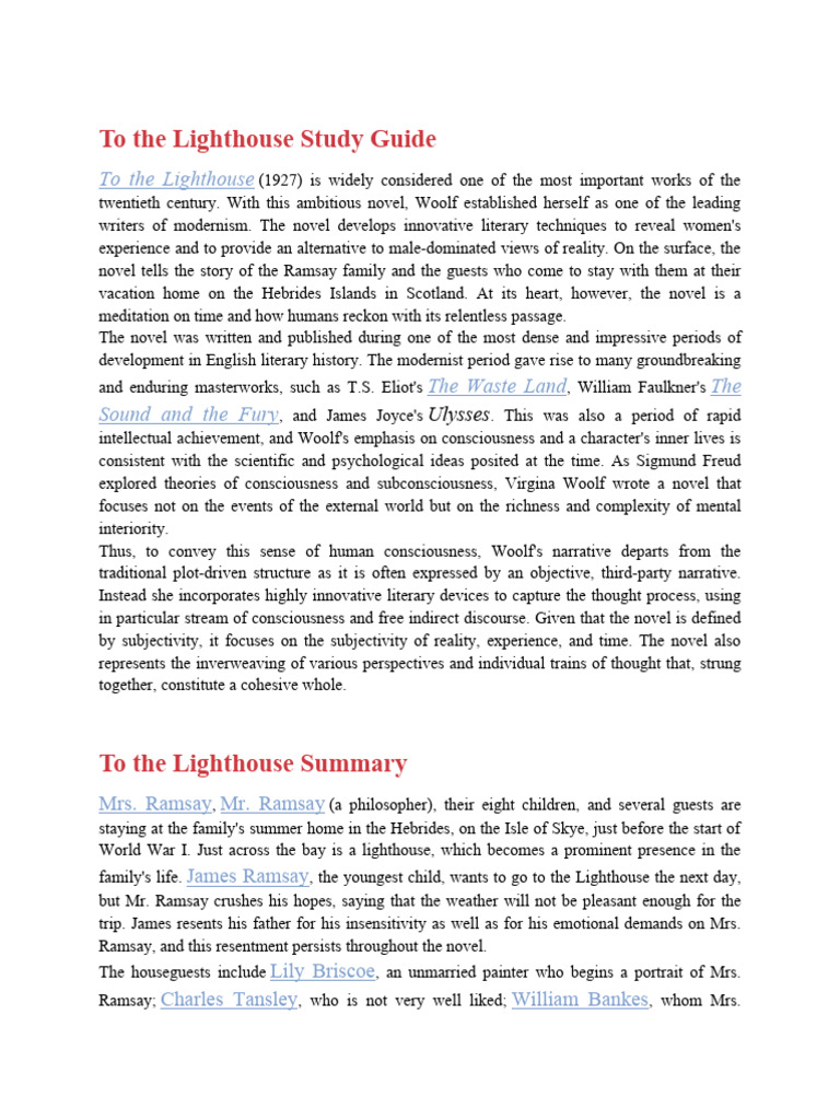 To the Lighthouse Study Guide Overview | PDF | To The Lighthouse ...
