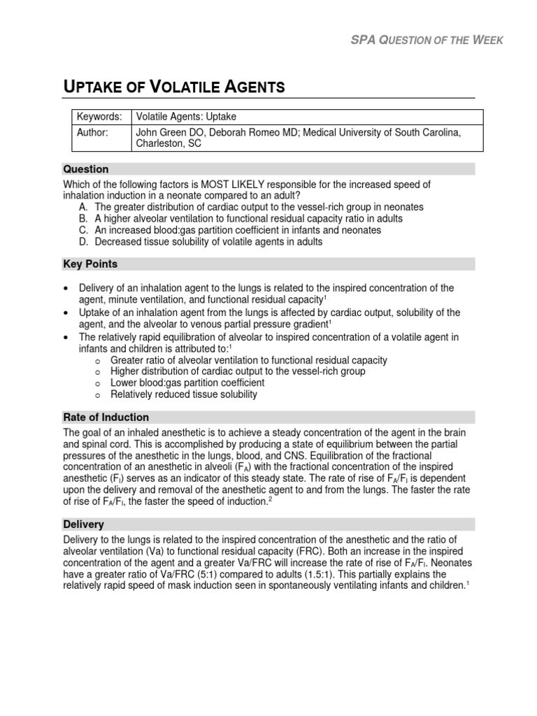 Week 195 Uptake of Volatile Agents | PDF | Lung | Breathing