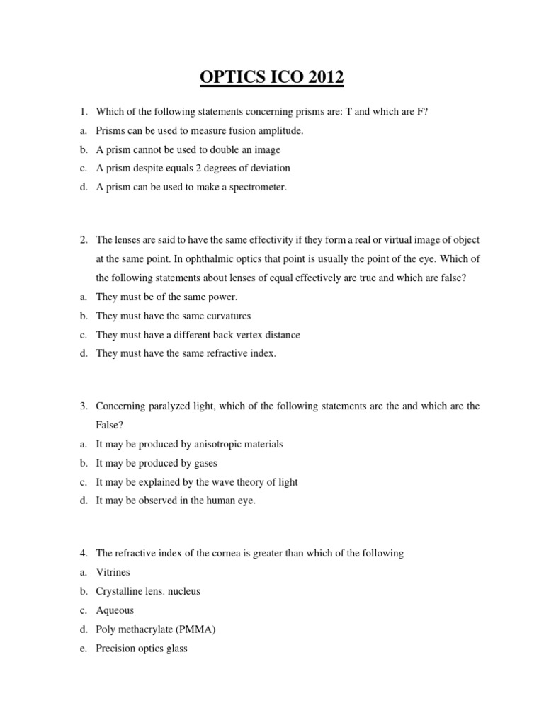 Optics and Refraction Concepts Quiz | PDF | Myopia | Optics