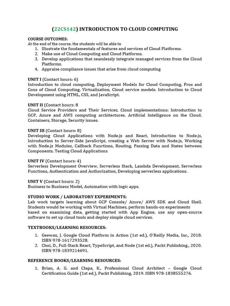 22CS142 Introdution To Cloud | PDF