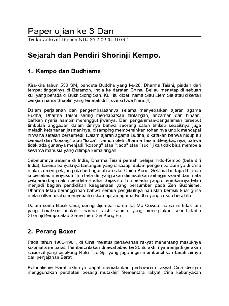 Paper ujian ke 3 Dan (Sejarah dan pendiri Shorinji Kempo.) | PDF