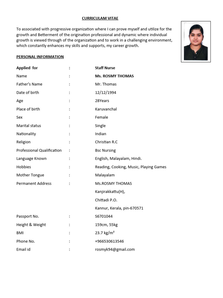 Ms. ROSMY THOMAS cv | PDF | Nursing | Intravenous Therapy