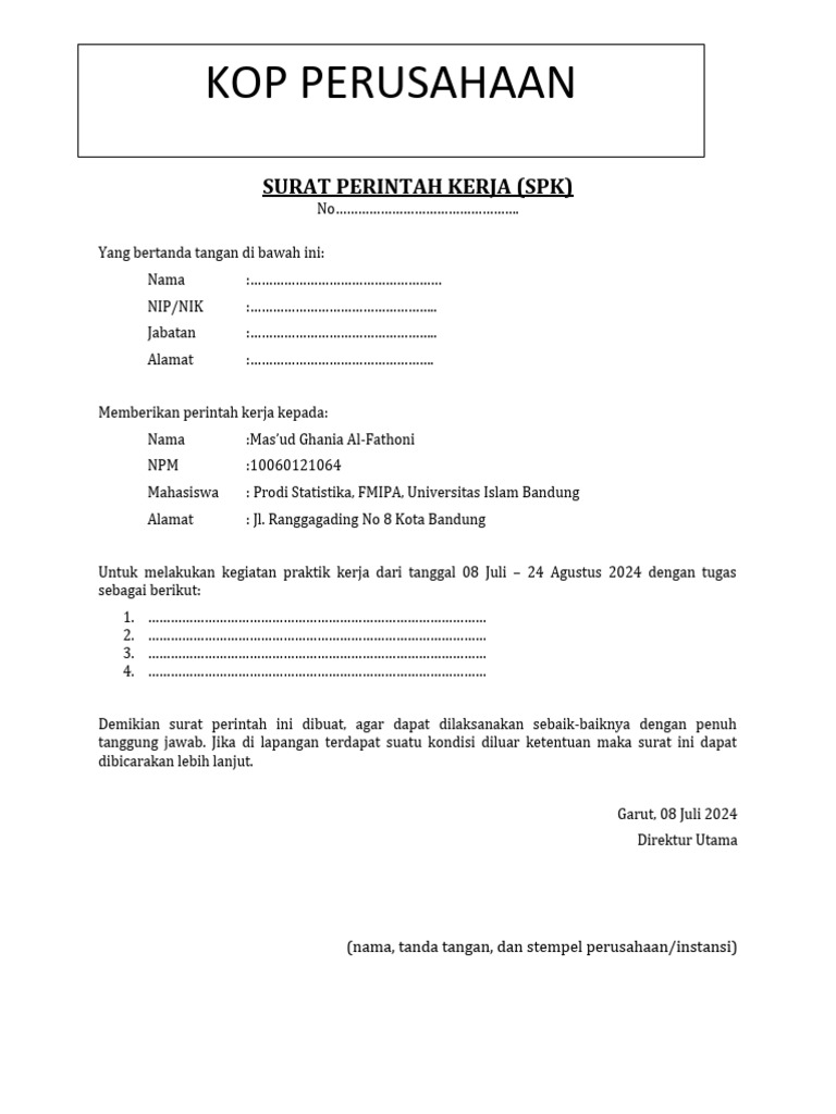 Contoh Surat Perintah Kerja (SPK) | PDF
