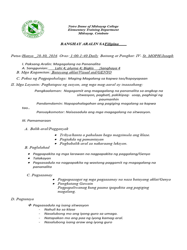 Filipino 4 Lesson Plan 2016 | PDF