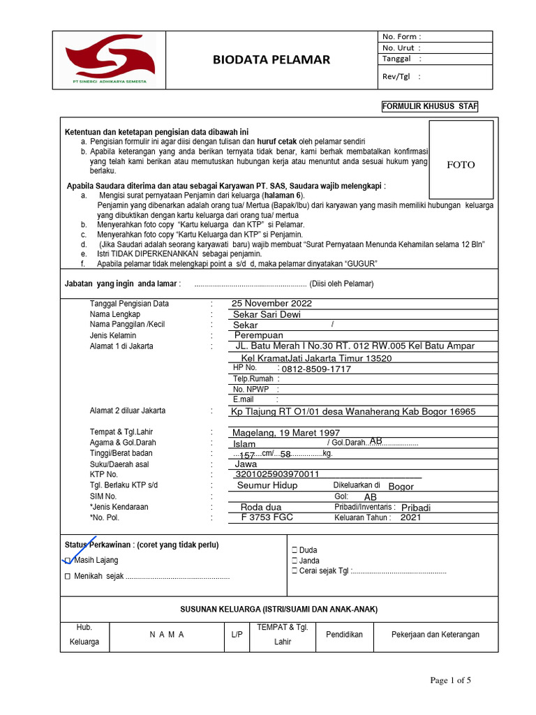 Biodata Pelamat PT Sas | PDF