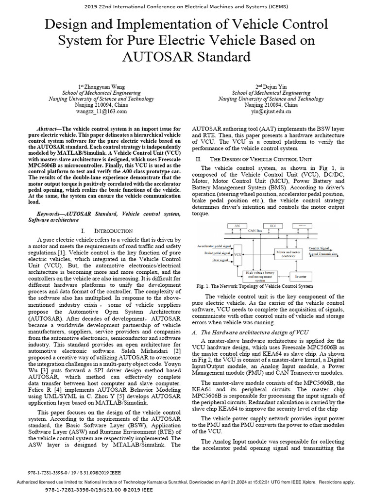 Design and Implementation of Vehicle Control System For Pure Electric Vehicle Based On AUTOSAR ...
