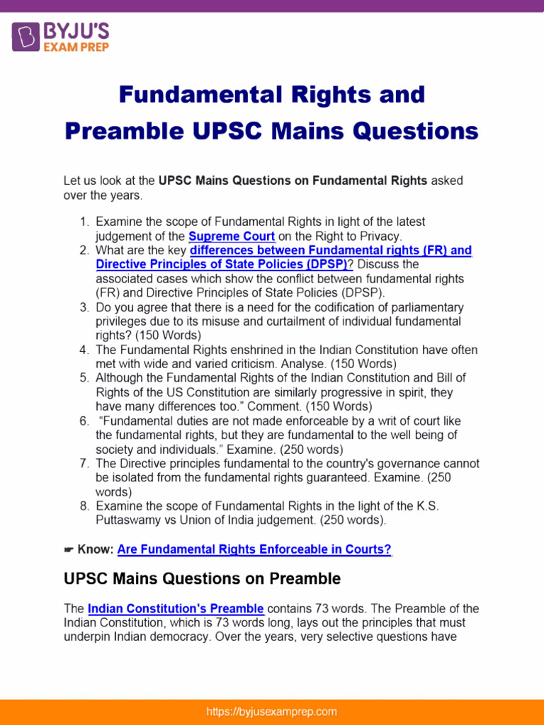 Fundamental Rights and Preamble Upsc Mains Questions 80 | PDF