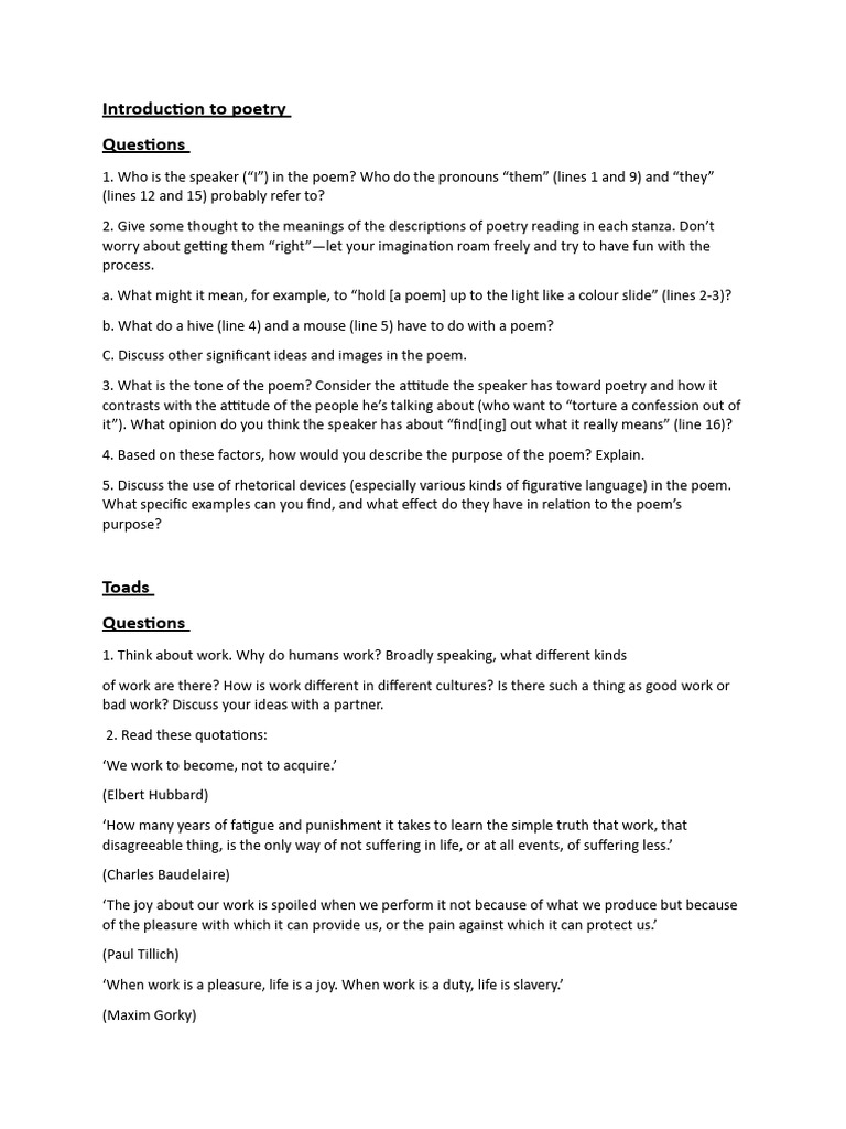 Grade 10 Poetry Analysis Questions | PDF | Poetry