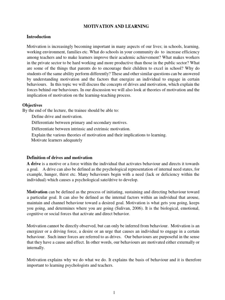 Motivation And Learning Pdf Motivational Motivation 