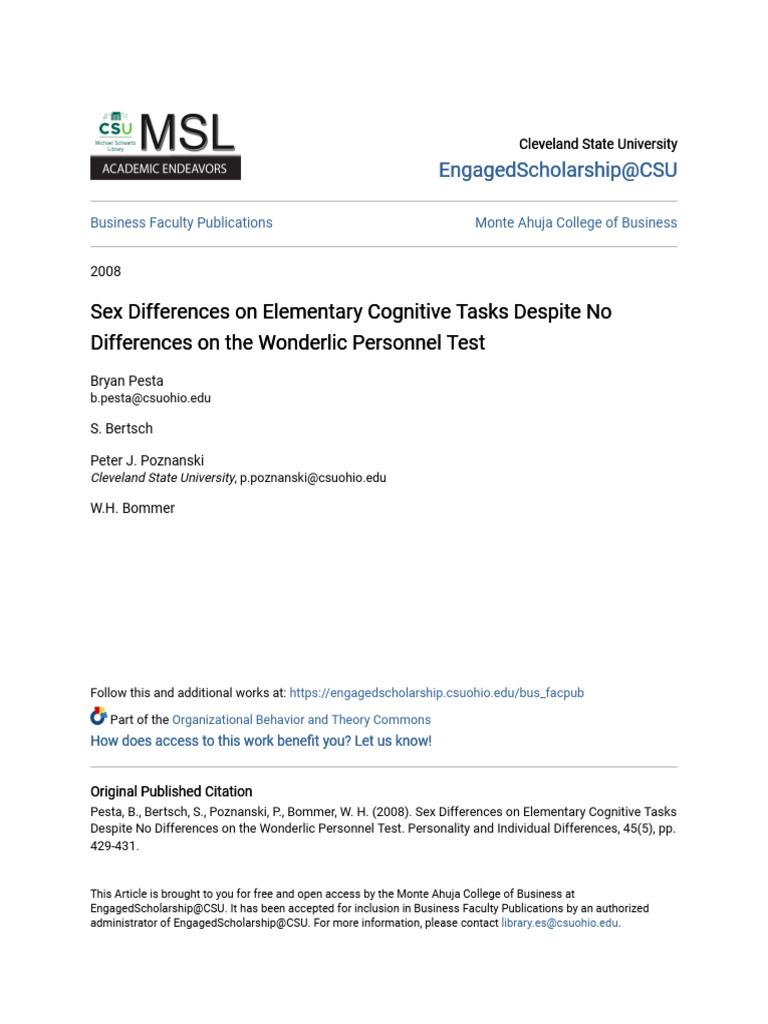 Sex Differences On Elementary Cognitive Tasks Despite No Differe Pdf Psychology Cognition