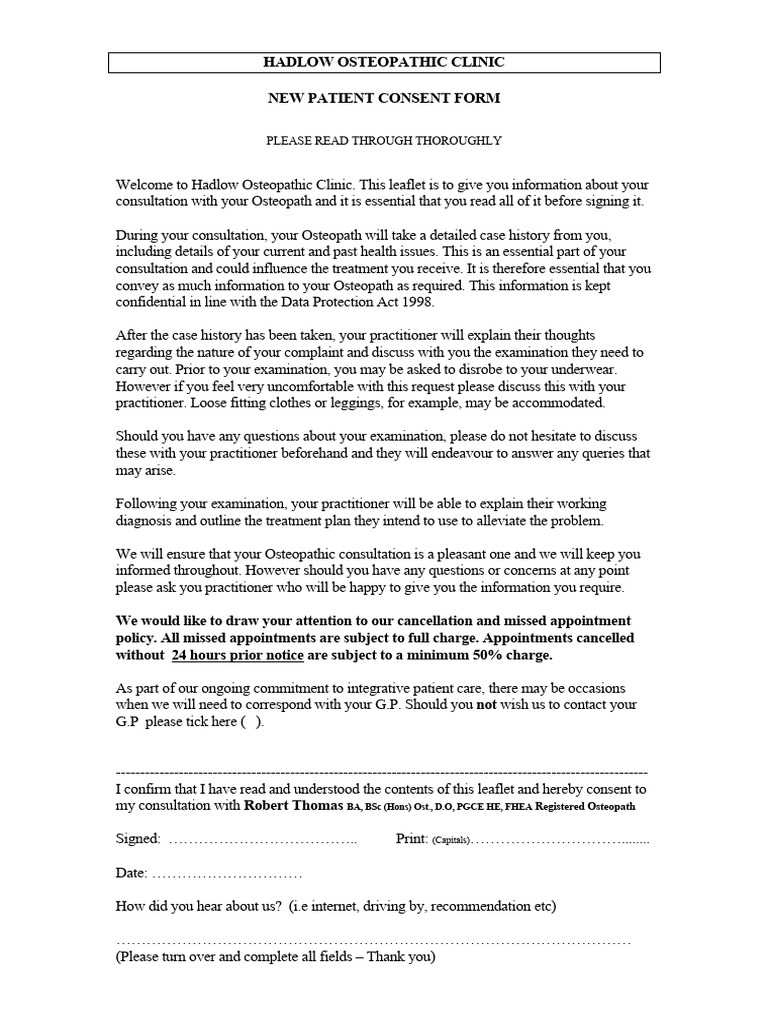 Hadlow Osteopathic Clinic Consent Form | PDF | Physician | Clinical ...
