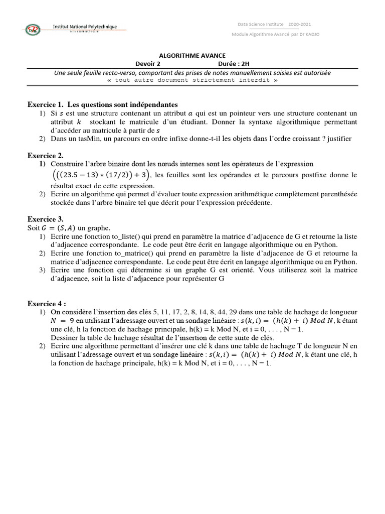 Devoir2 Algorithme 2021 | PDF | Algorithmes | Informatique théorique
