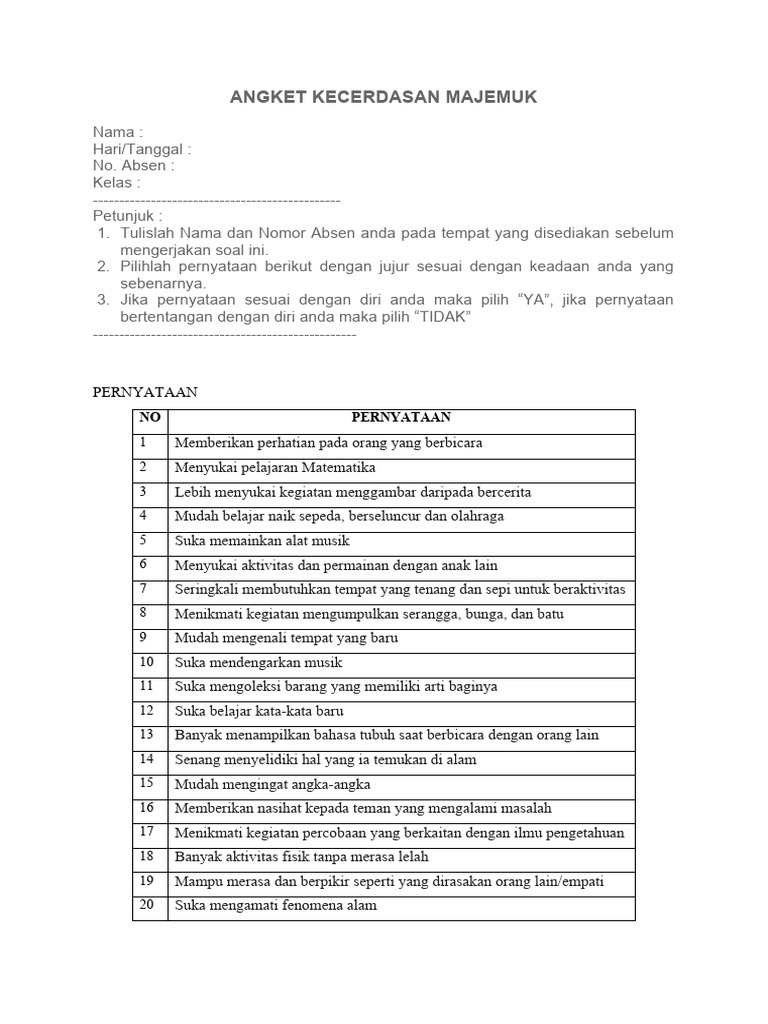 Angket Kecerdasan Majemuk | PDF