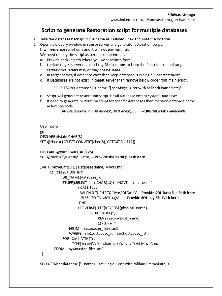 Generate Restoration Script For Multiple Databases 1709698444 | PDF | Databases | Sql