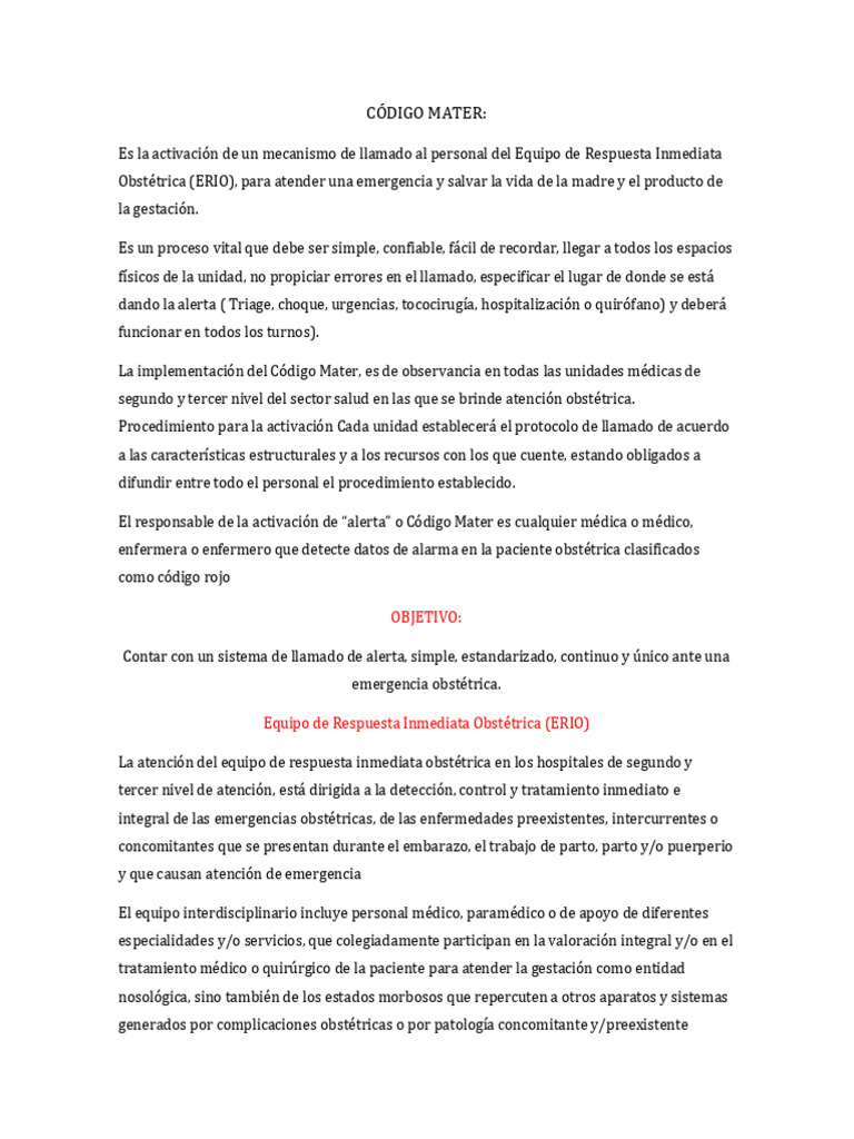 Código MATER: Respuesta Obstétrica Rápida | PDF | Enfermería | Hospital