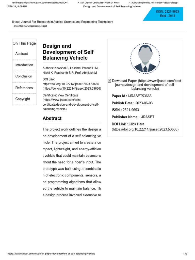 Design and Development of Self Balancing Vehicle | Download Free PDF ...