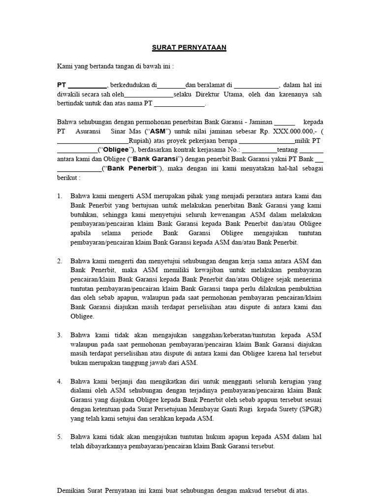 Contoh Surat Pernyataan Bank Garansi | PDF