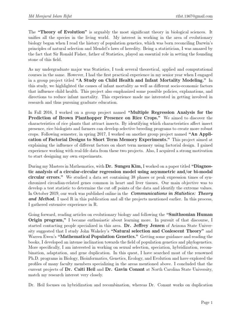 Rifat_personal Statement NCSU | PDF | Evolution | Statistics