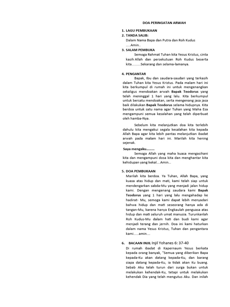 Doa Peringatan Arwah Bapak Teodorus | PDF